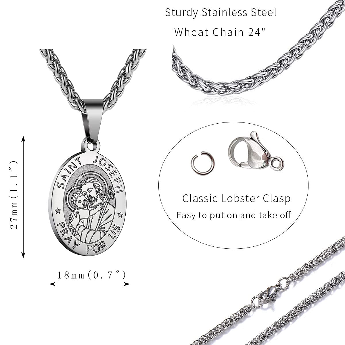 P. BLAKE Stainless Steel St. Saint Joseph Medal Necklace Catholic Saint Joseph Pray for Us Pendant with Chain