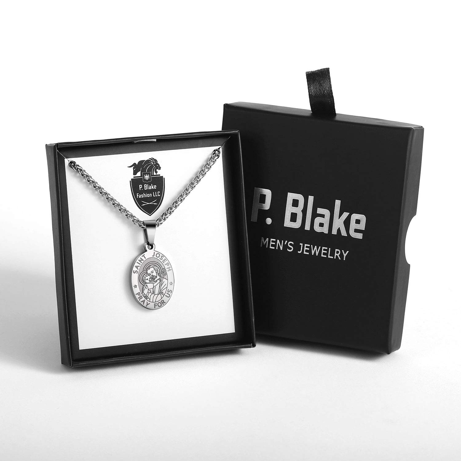 P. BLAKE Stainless Steel St. Saint Joseph Medal Necklace Catholic Saint Joseph Pray for Us Pendant with Chain