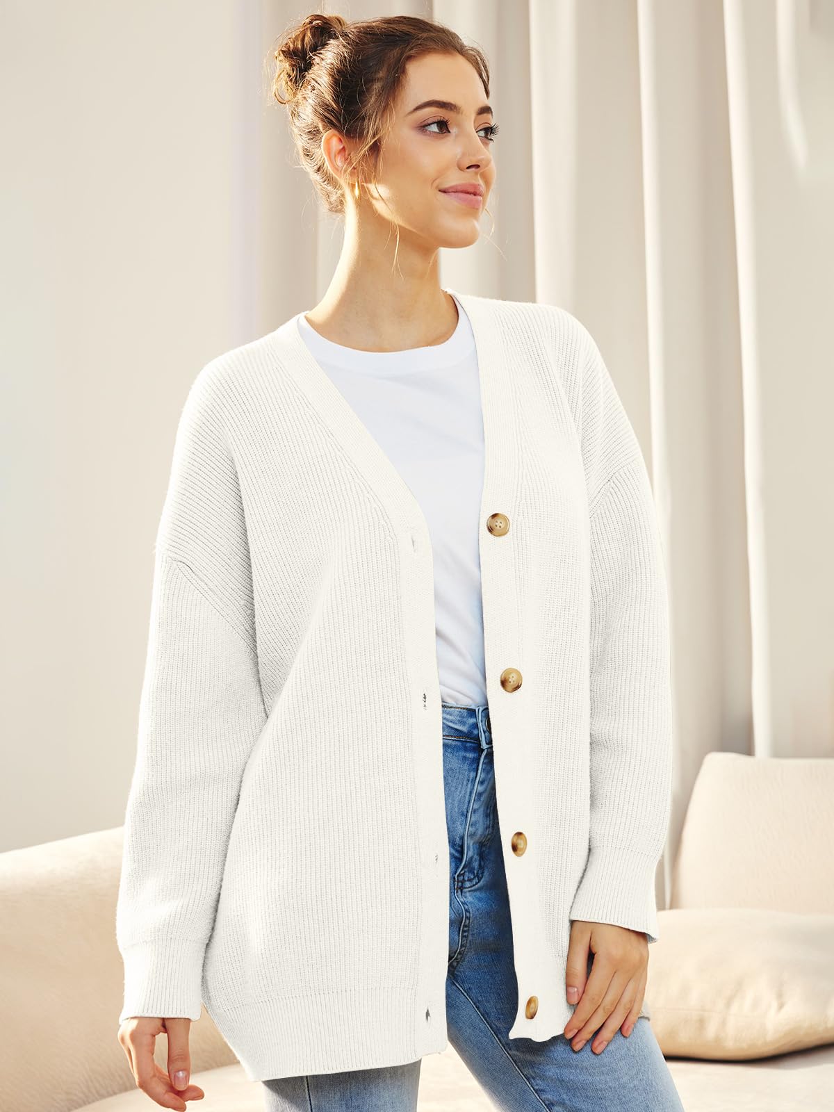 EFAN Womens White Cardigan Sweaters 2025 Trendy Oversized Sweater Long Cardigans V Neck Lightweight Knit Clothes Outfits