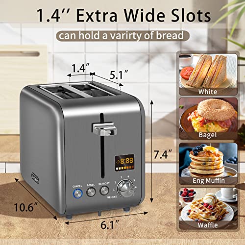 SEEDEEM Toaster 2 Slice, Stainless Steel Bread Toaster with Colorful LCD Display, 7 Bread Shade Settings, 1.4'' Wide Slots Toaster with Bagel/Defrost/Reheat Functions, Removable Crumb Tray, 900W, Dark Metallic