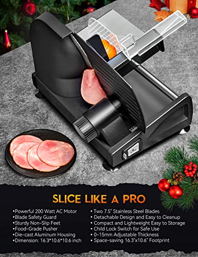 MIDONE Meat Slicer 200W Electric Deli Food Slicer with Two Removable 7.5ββ Stainless Steel Blade, Adjustable Thickness for Home Use, Child Lock Protection, Black