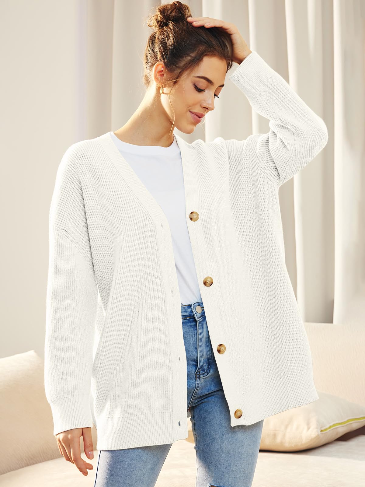 EFAN Womens White Cardigan Sweaters 2025 Trendy Oversized Sweater Long Cardigans V Neck Lightweight Knit Clothes Outfits
