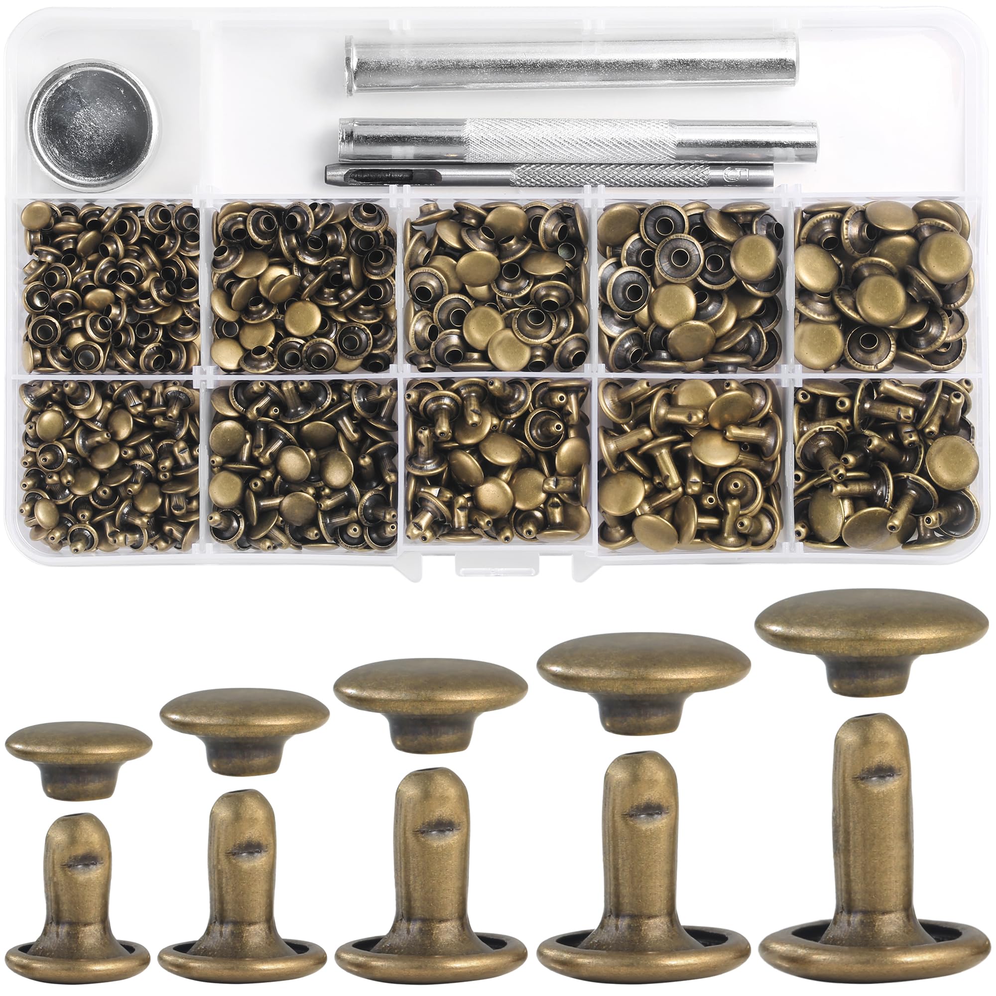 YORANYO 340 Sets Leather Rivets Kit Mixed Sizes Rivets for Leather Double Cap Rivets Studs for Clothing Fabric with Leather Crafting Rivet Tool for Repair Decorate Clothes Shoes Bags Belts (Bronze)