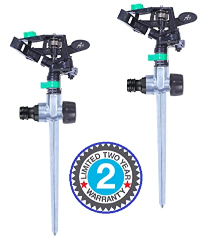 Pulsating, Impact Sprinkler with Stand (Spike) Pack of 2, for Garden Lawn and Yard by APT, Features Stainless Steel Fulcrum Pin Package Includes 2 pcs Hose connectors