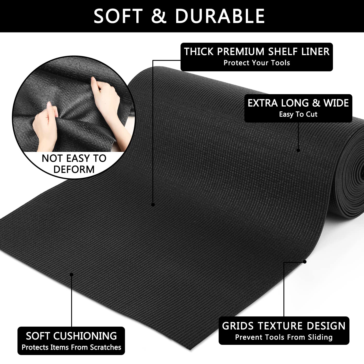 Foam Rubber Toolbox Shelf Liner Drawer Mat 1/8 Inch Thick X 16 Inch Wide X 16 Ft Long Black, No Slip for Protecting Cabinet, Garage, Cart, Tool Box
