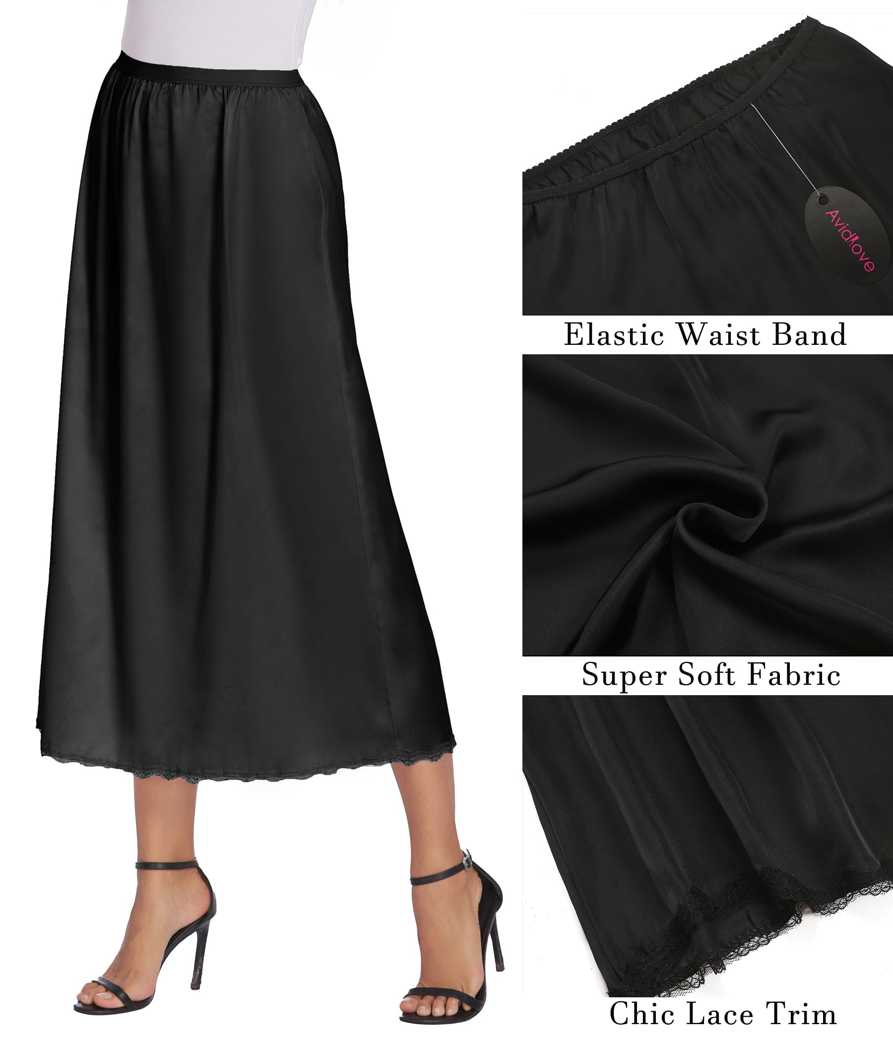 Avidlove Women's Flare 36" Long Satin Half Slip with Lace Trim(Black,L)
