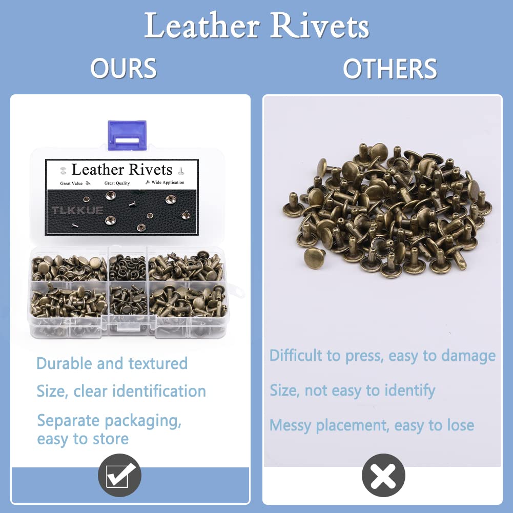 TLKKUE 240 Sets Rivets for Leather, Leather Rivets 3 Sizes Leather Double Cap Rivets for DIY Leather Craft, Bags/Clothes/Shoes/Belts Decoration or Repair (Bronze)