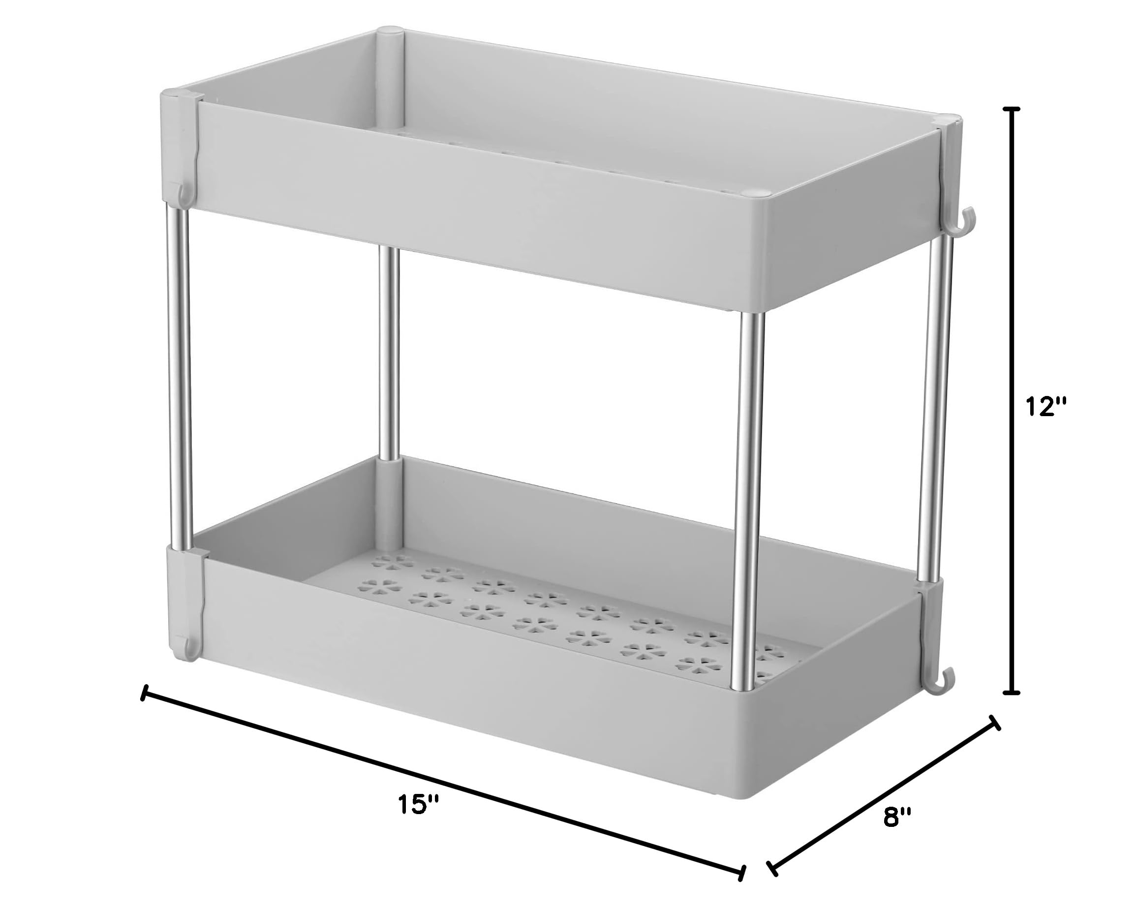 DMTVAL 2 Tier Under Sink Organizer Rack, Under Sink Storage for Bathroom and Kitchen with 4 Hooks and Dust lid, Bathroom Kitchen Multipurpose Under Sink Shelf Organizer (1, Grey)