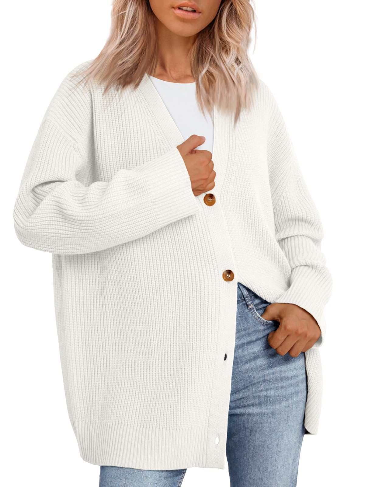 EFAN Womens White Cardigan Sweaters 2025 Trendy Oversized Sweater Long Cardigans V Neck Lightweight Knit Clothes Outfits