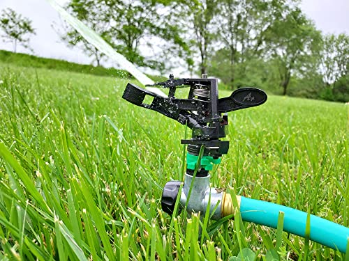 Pulsating, Impact Sprinkler with Stand (Spike) Pack of 2, for Garden Lawn and Yard by APT, Features Stainless Steel Fulcrum Pin Package Includes 2 pcs Hose connectors