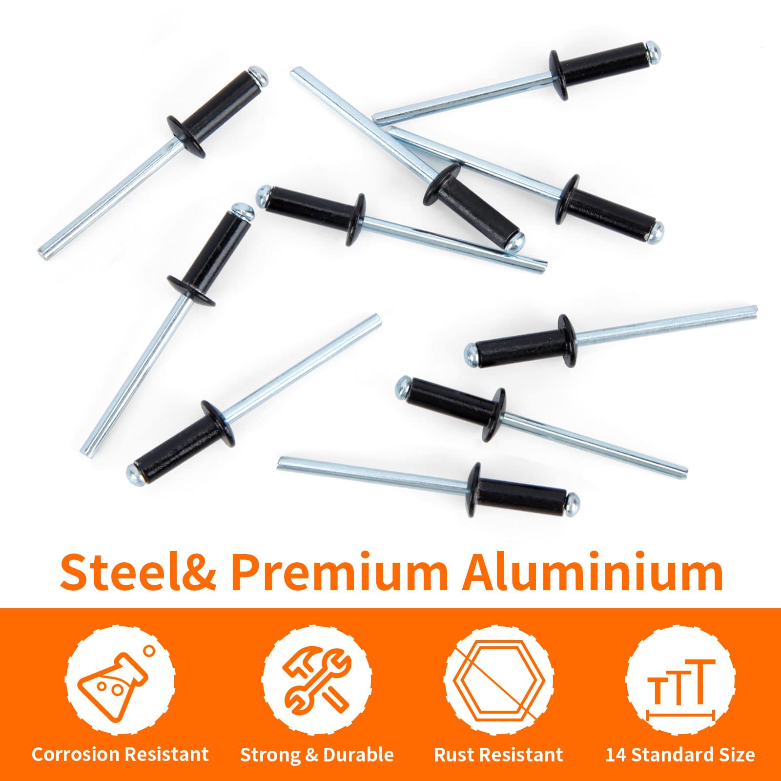 600pcs Pop Rivets Assortment Kit, 14 Sizes Aluminum Rivets 3/32" 1/8" 5/32" 3/16", Assorted Black Rivets with Reinfored Divider and Labeled Case (Black)