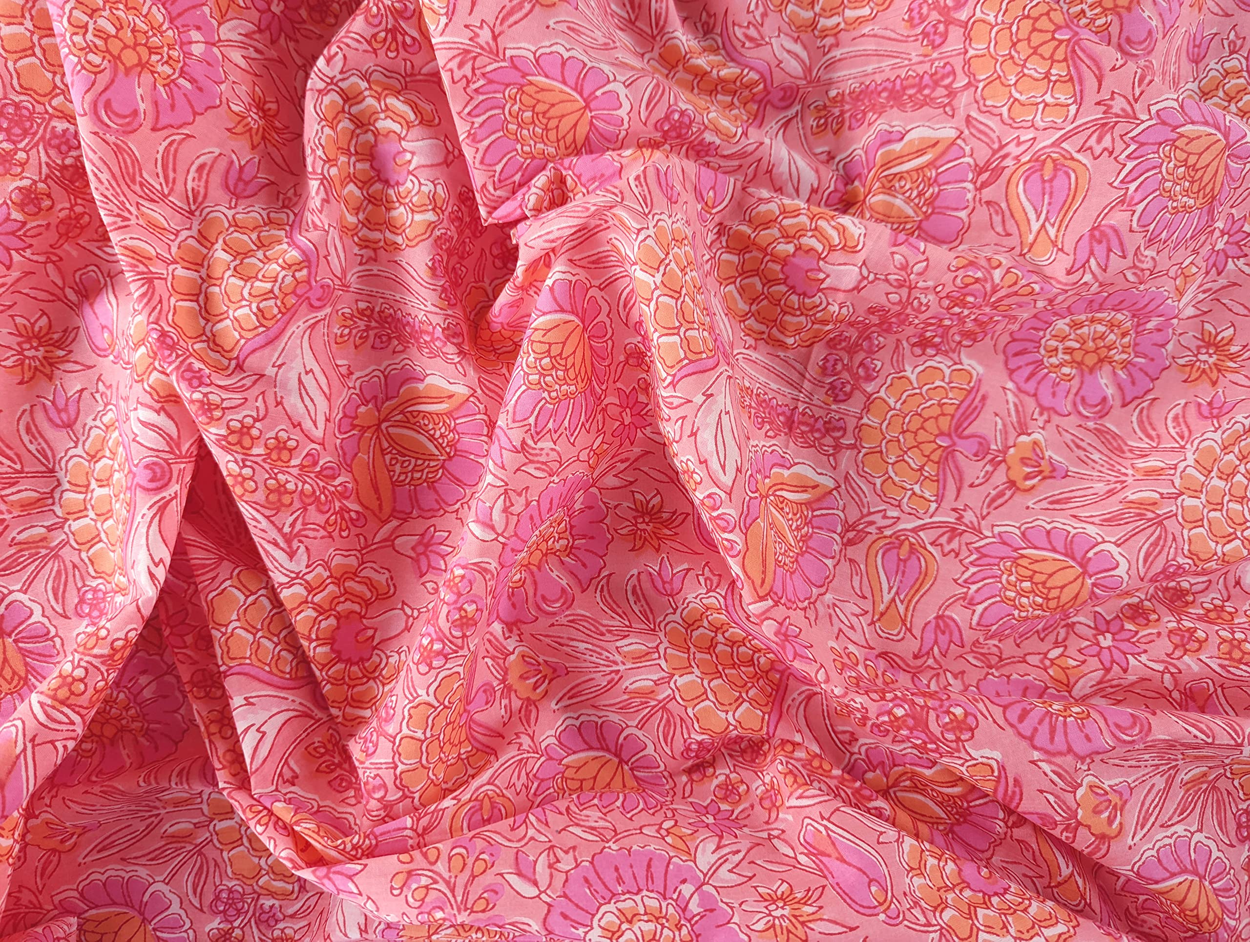 AVKA Studio Hand Block Print Fabric by The Yard - PRECUT 1 Yard 42 Inch Width - 100% Cotton Material - Pink Floral Pattern - Light Weight Indian Cloth for Making Summer Dress Tops Indian Fabric etc