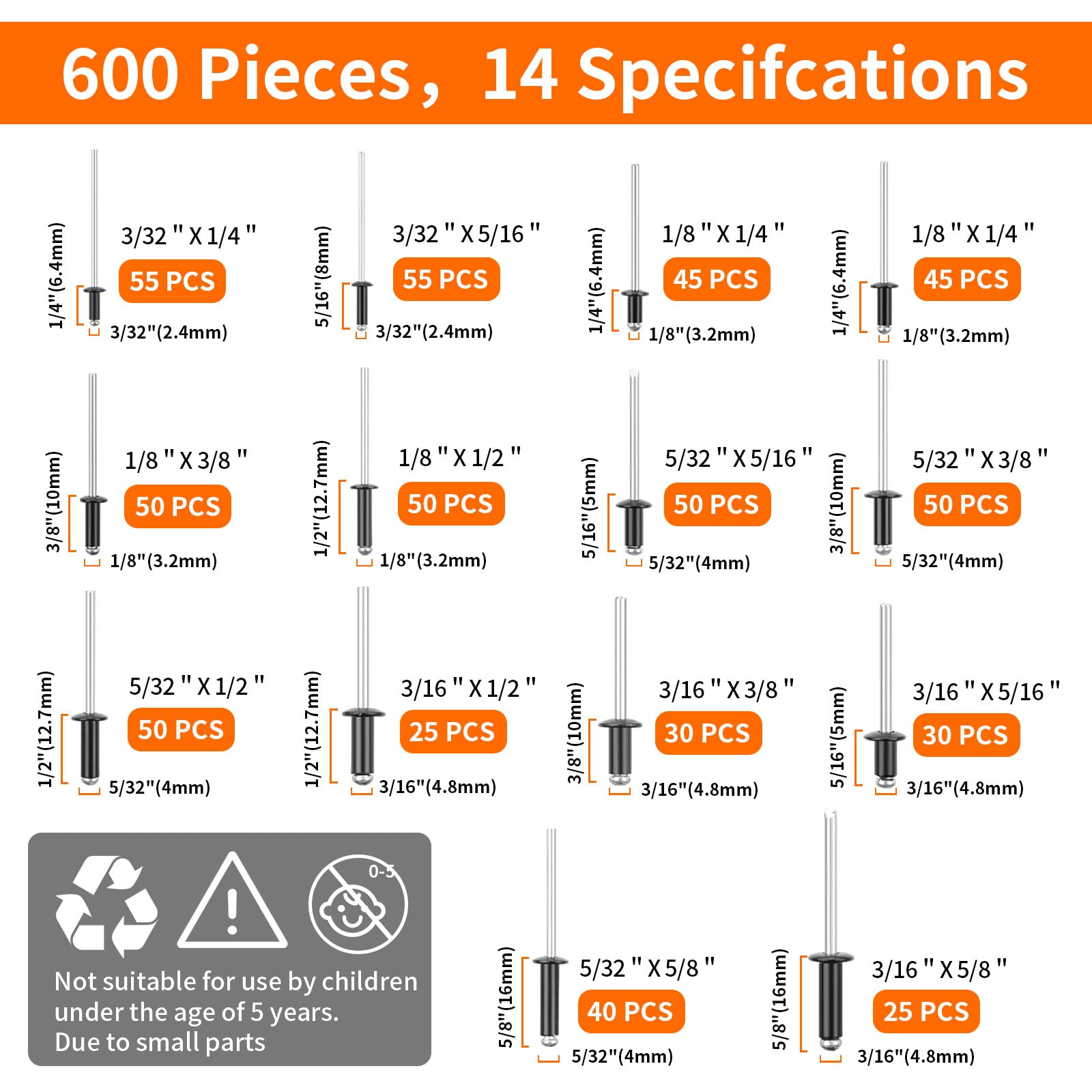 600pcs Pop Rivets Assortment Kit, 14 Sizes Aluminum Rivets 3/32" 1/8" 5/32" 3/16", Assorted Black Rivets with Reinfored Divider and Labeled Case (Black)