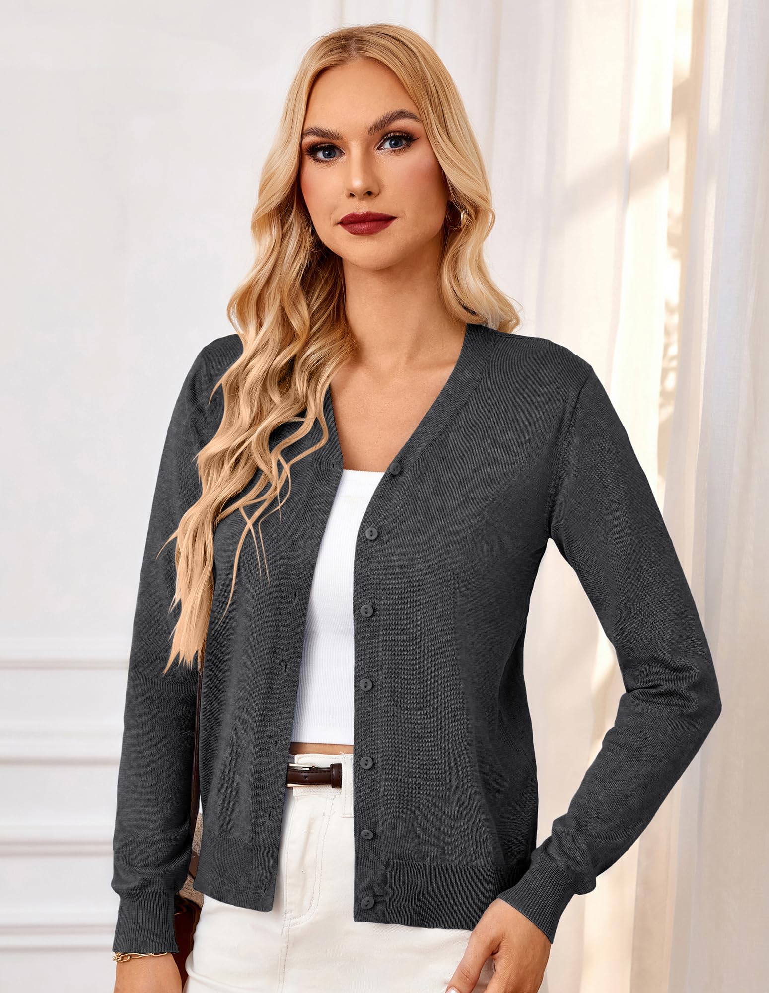 GRACE KARIN V Neck Knit Cardigan Sweaters for Women Plus Size Long Sleeve Tops Lightweight Casual Black Grey L