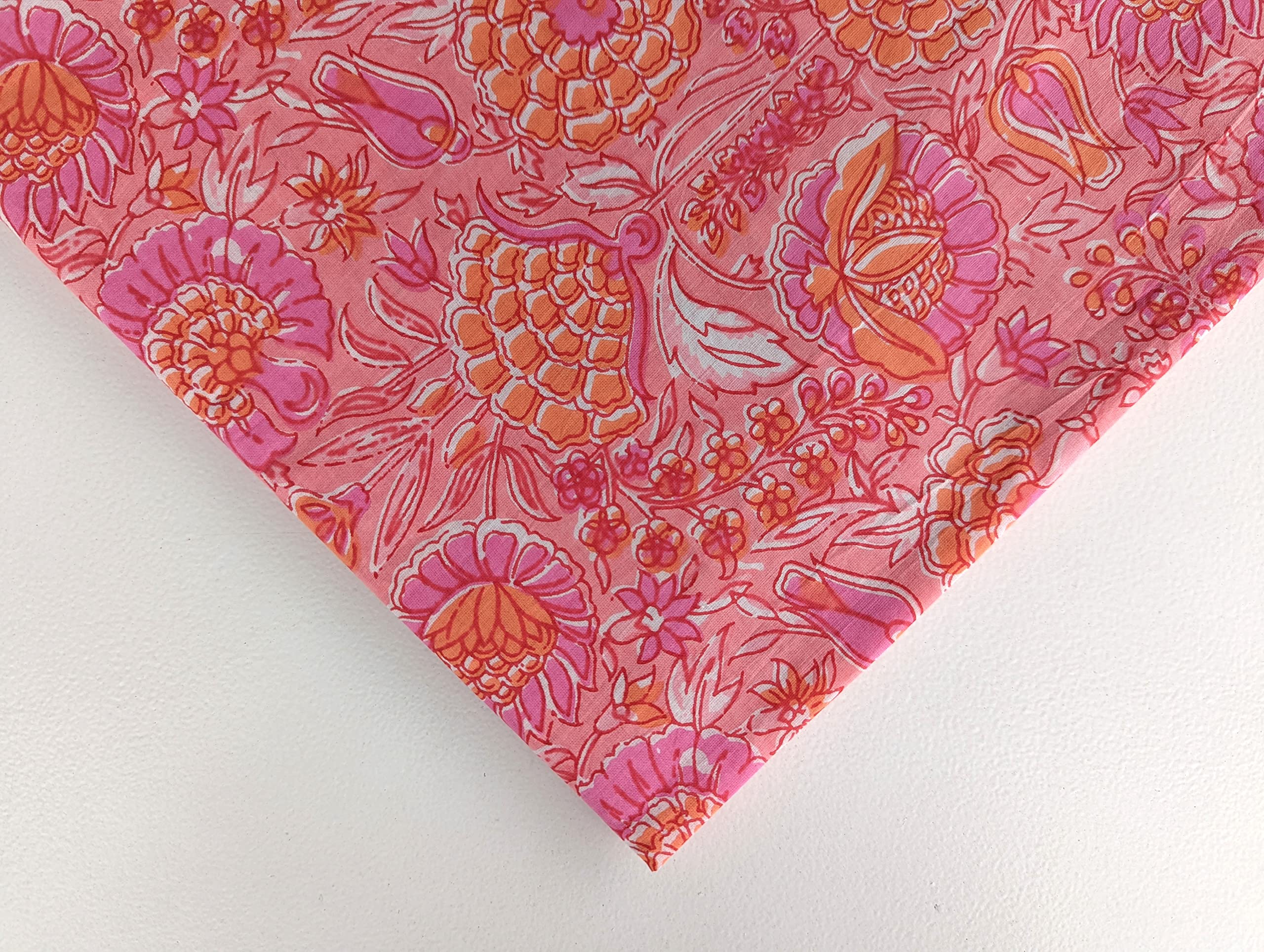 AVKA Studio Hand Block Print Fabric by The Yard - PRECUT 1 Yard 42 Inch Width - 100% Cotton Material - Pink Floral Pattern - Light Weight Indian Cloth for Making Summer Dress Tops Indian Fabric etc