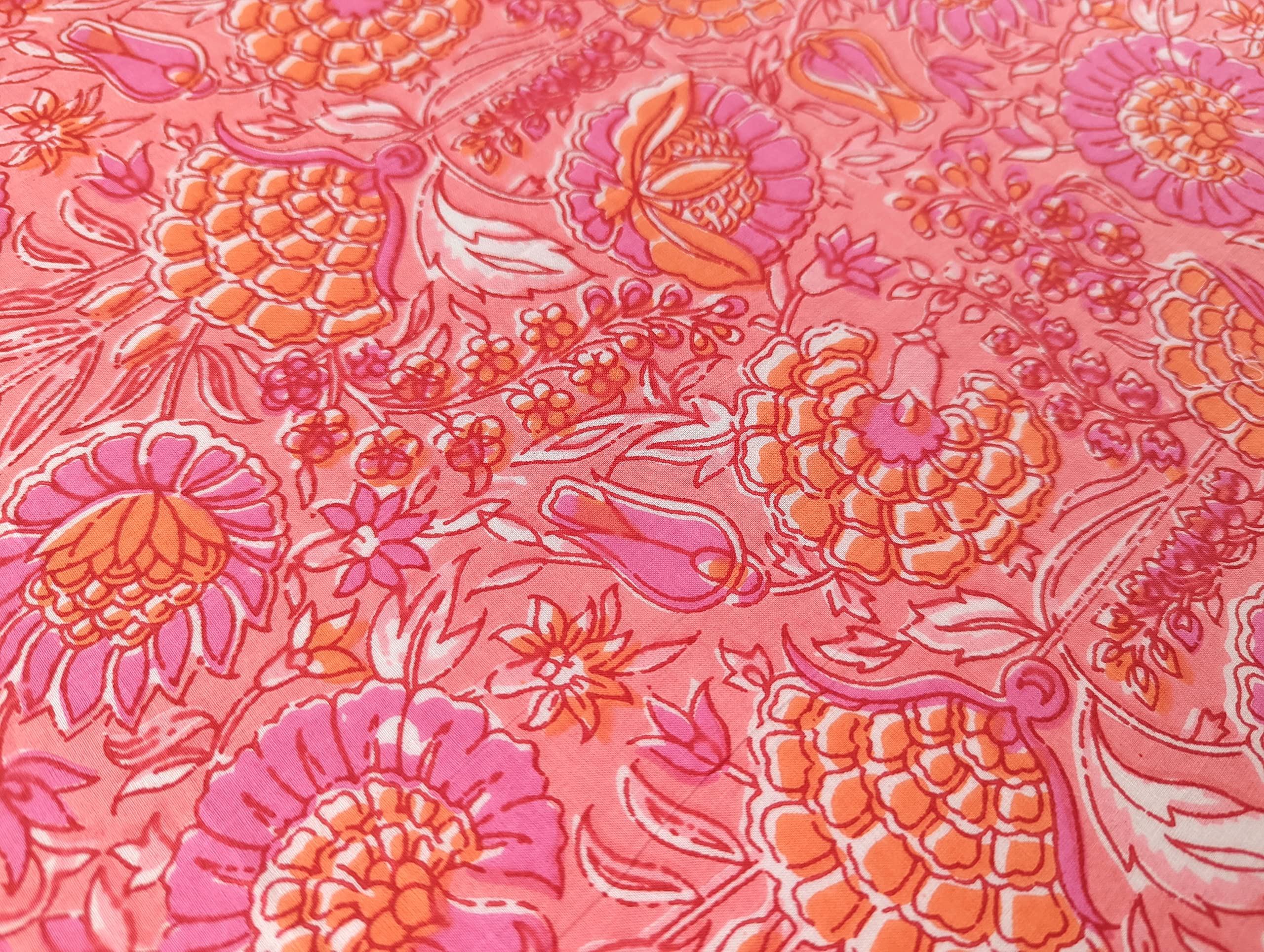 AVKA Studio Hand Block Print Fabric by The Yard - PRECUT 1 Yard 42 Inch Width - 100% Cotton Material - Pink Floral Pattern - Light Weight Indian Cloth for Making Summer Dress Tops Indian Fabric etc
