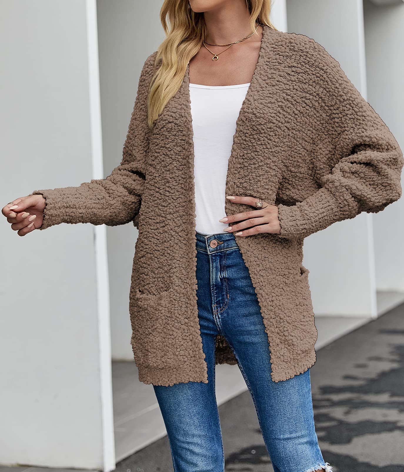 MEROKEETY Women's 2025 Winter Fuzzy Popcorn Batwing Sleeve Cardigan Knit Oversized Sherpa Sweater Coat, Mocha, Small