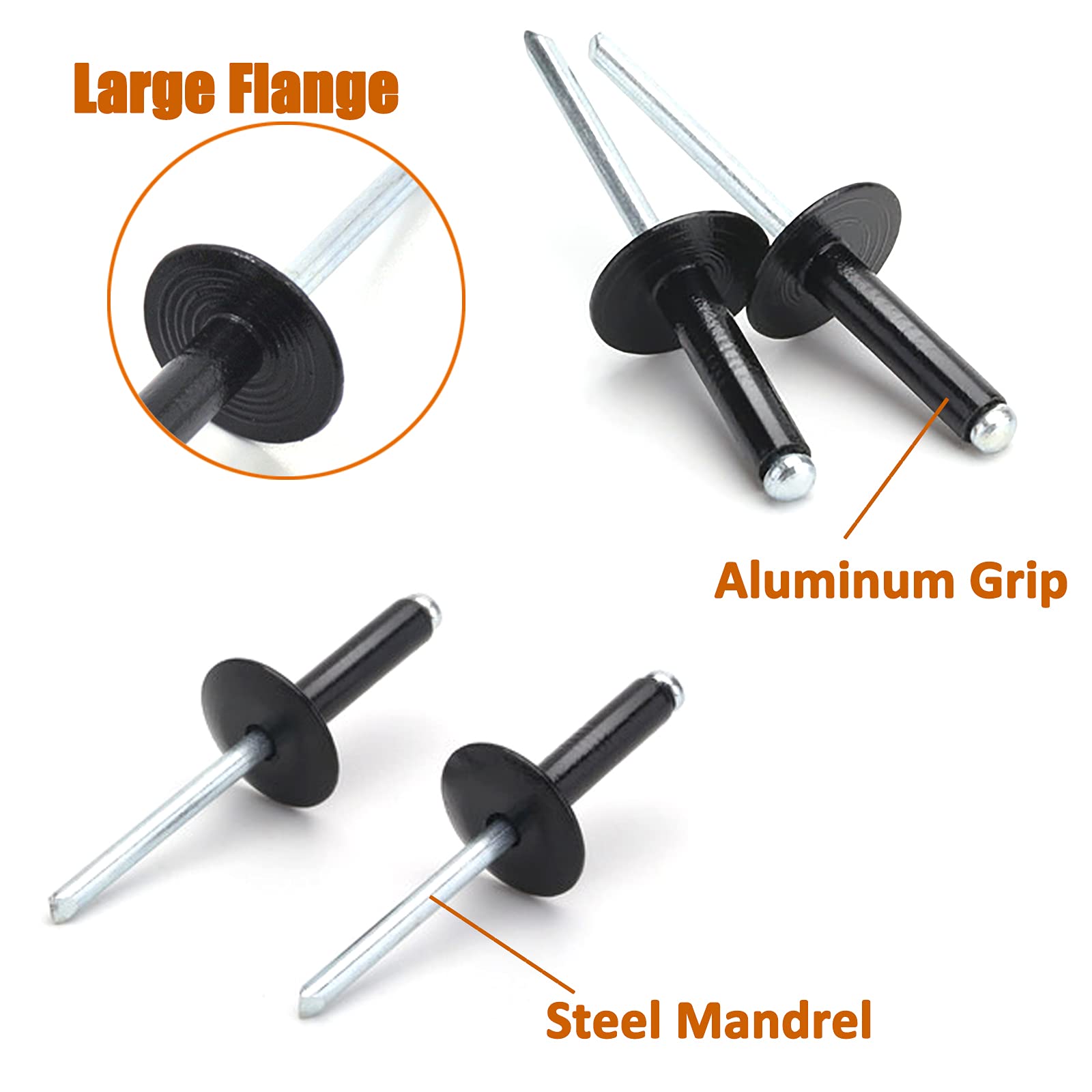ISPINNER 50pcs 3/16" x 1/2" Large Flange Aluminum Blind Rivets, 4.8 x 12mm Pop Rivets (Black)