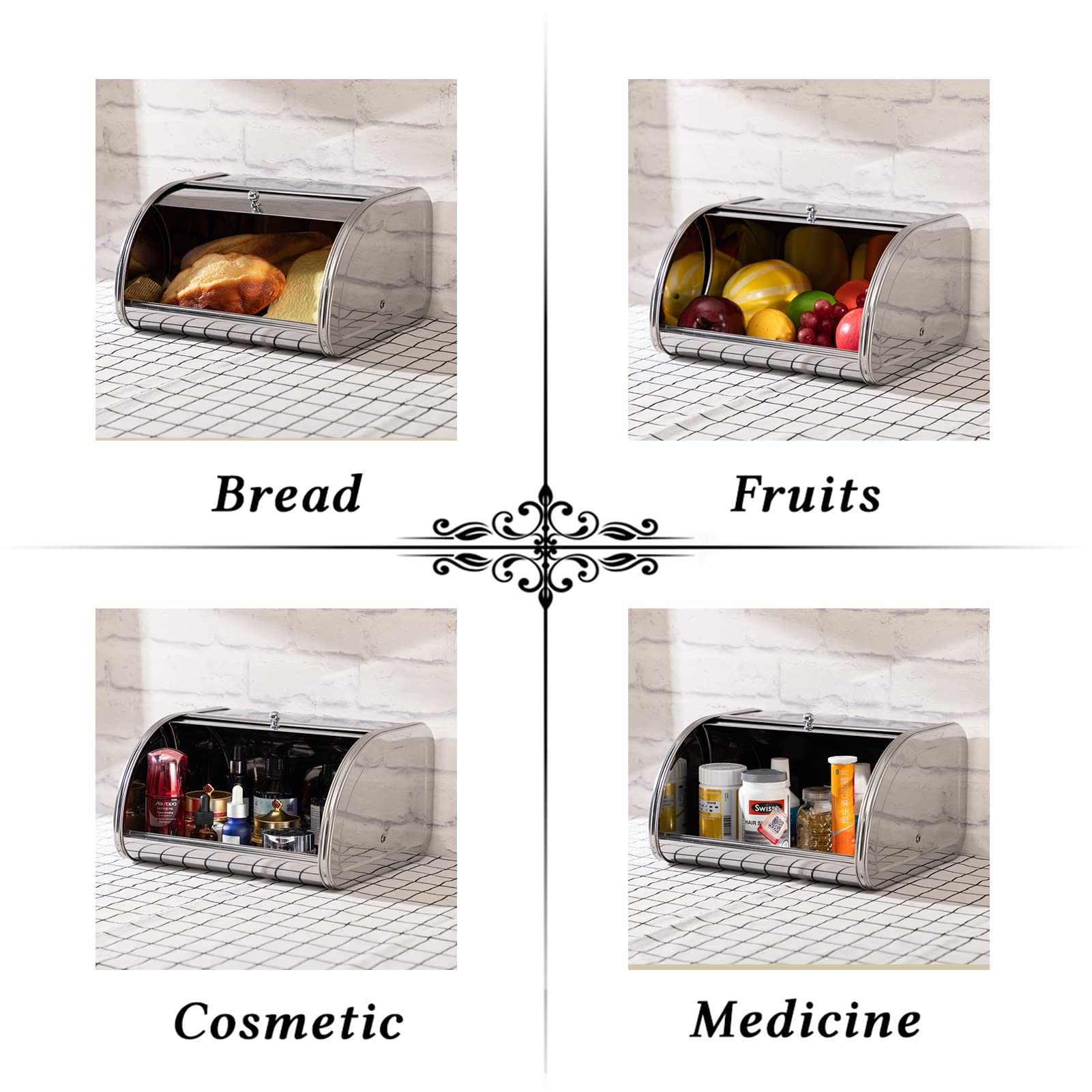 ALIMORDEN Stainless Steel Bread Box/Bin/kitchen Storage Containers with Roll Top Lid for Kitchen Counter Dry Food Storage Container Store Bread Loaf