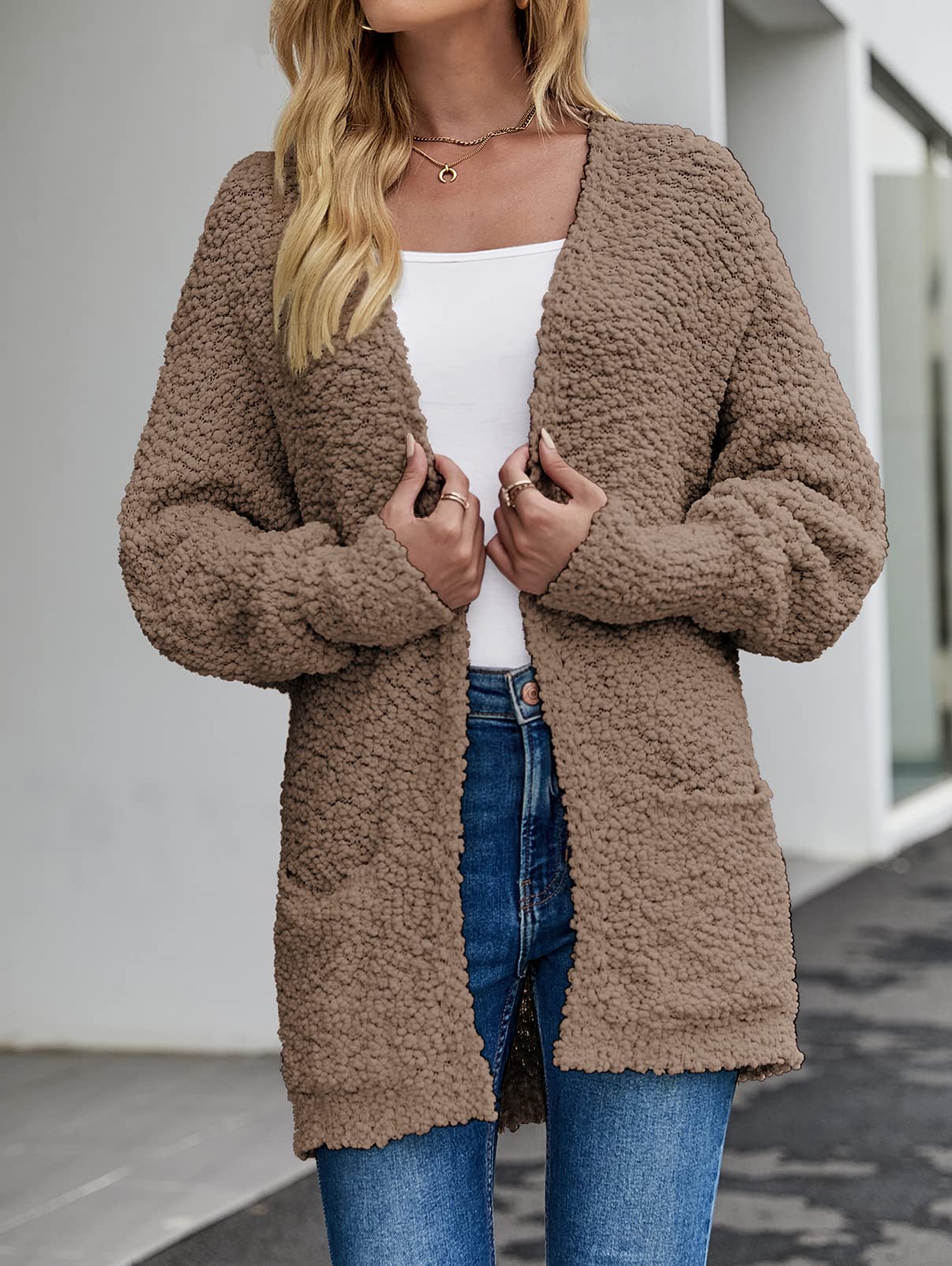 MEROKEETY Women's 2025 Winter Fuzzy Popcorn Batwing Sleeve Cardigan Knit Oversized Sherpa Sweater Coat, Mocha, Small