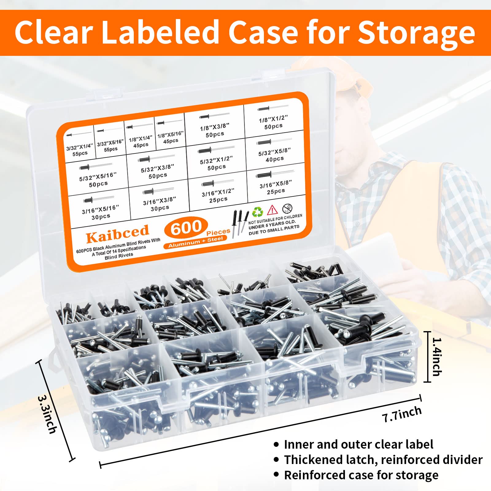 600pcs Pop Rivets Assortment Kit, 14 Sizes Aluminum Rivets 3/32" 1/8" 5/32" 3/16", Assorted Black Rivets with Reinfored Divider and Labeled Case (Black)