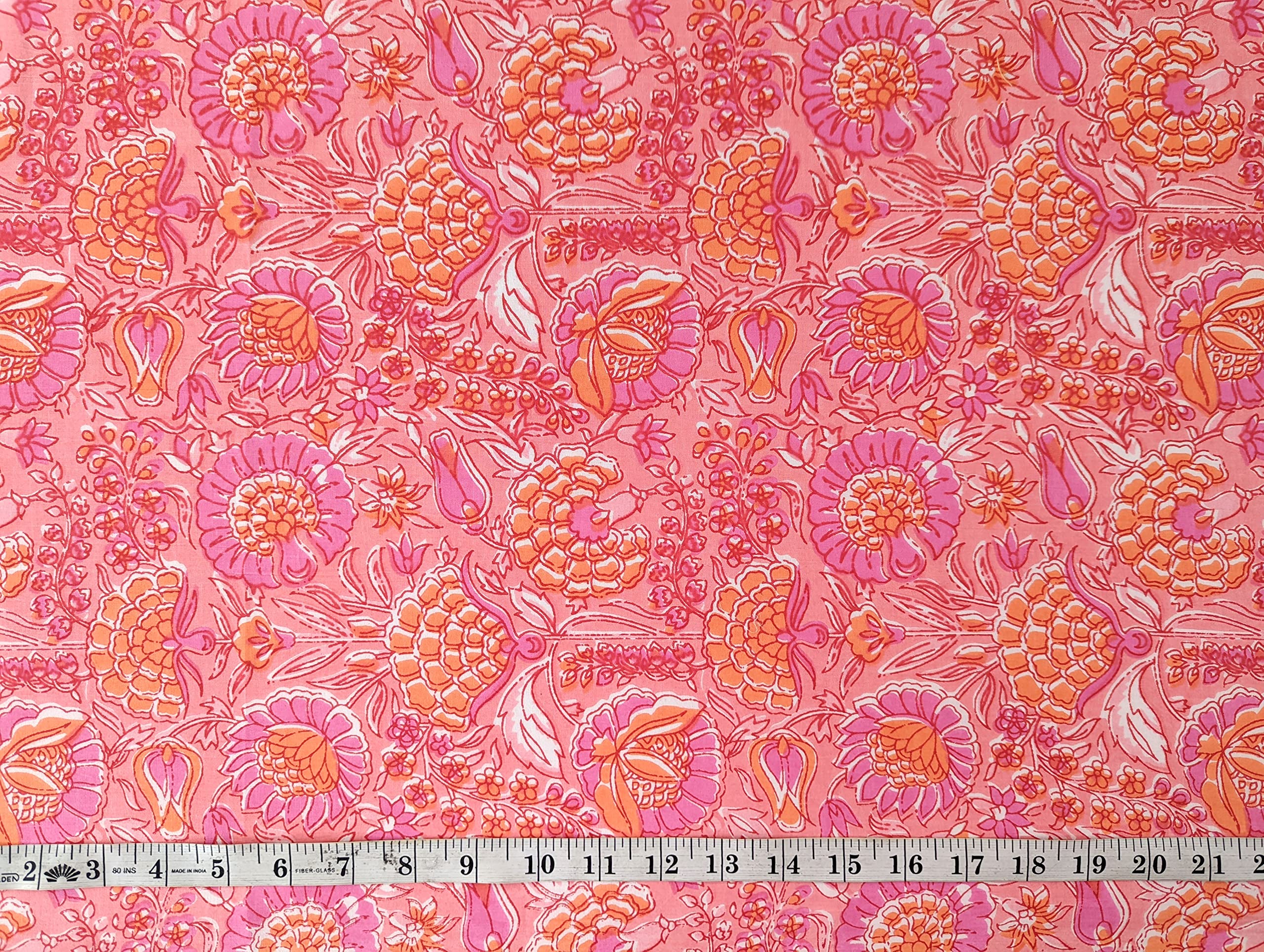 AVKA Studio Hand Block Print Fabric by The Yard - PRECUT 1 Yard 42 Inch Width - 100% Cotton Material - Pink Floral Pattern - Light Weight Indian Cloth for Making Summer Dress Tops Indian Fabric etc