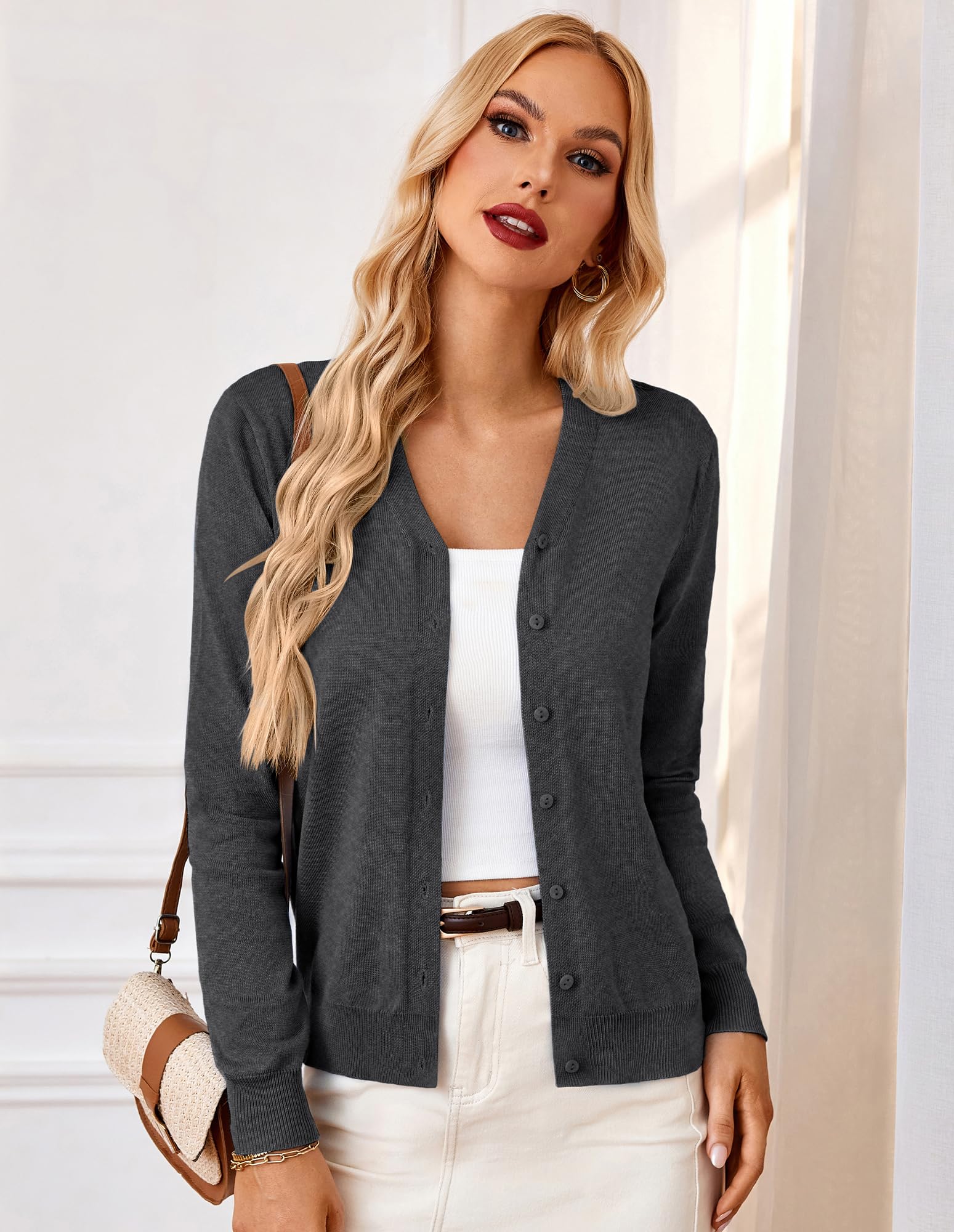 GRACE KARIN V Neck Knit Cardigan Sweaters for Women Plus Size Long Sleeve Tops Lightweight Casual Black Grey L