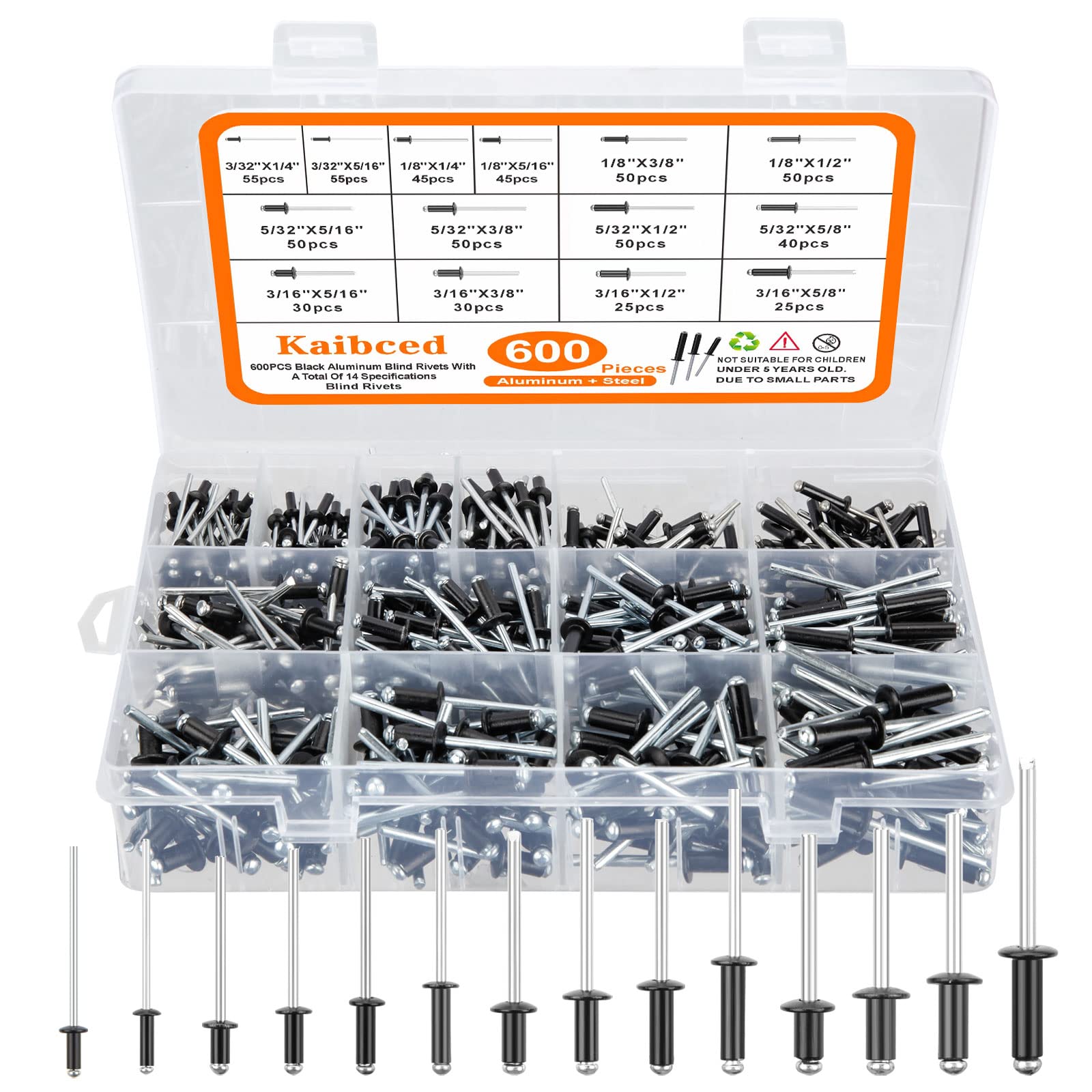 600pcs Pop Rivets Assortment Kit, 14 Sizes Aluminum Rivets 3/32" 1/8" 5/32" 3/16", Assorted Black Rivets with Reinfored Divider and Labeled Case (Black)