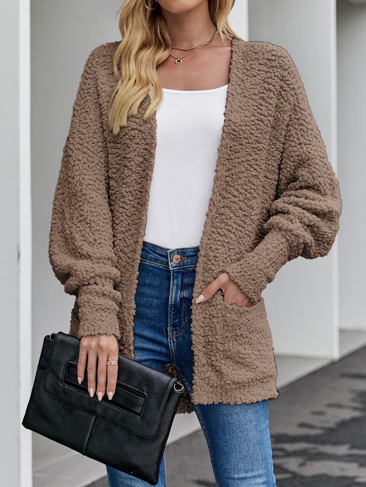 MEROKEETY Women's 2025 Winter Fuzzy Popcorn Batwing Sleeve Cardigan Knit Oversized Sherpa Sweater Coat, Mocha, Small