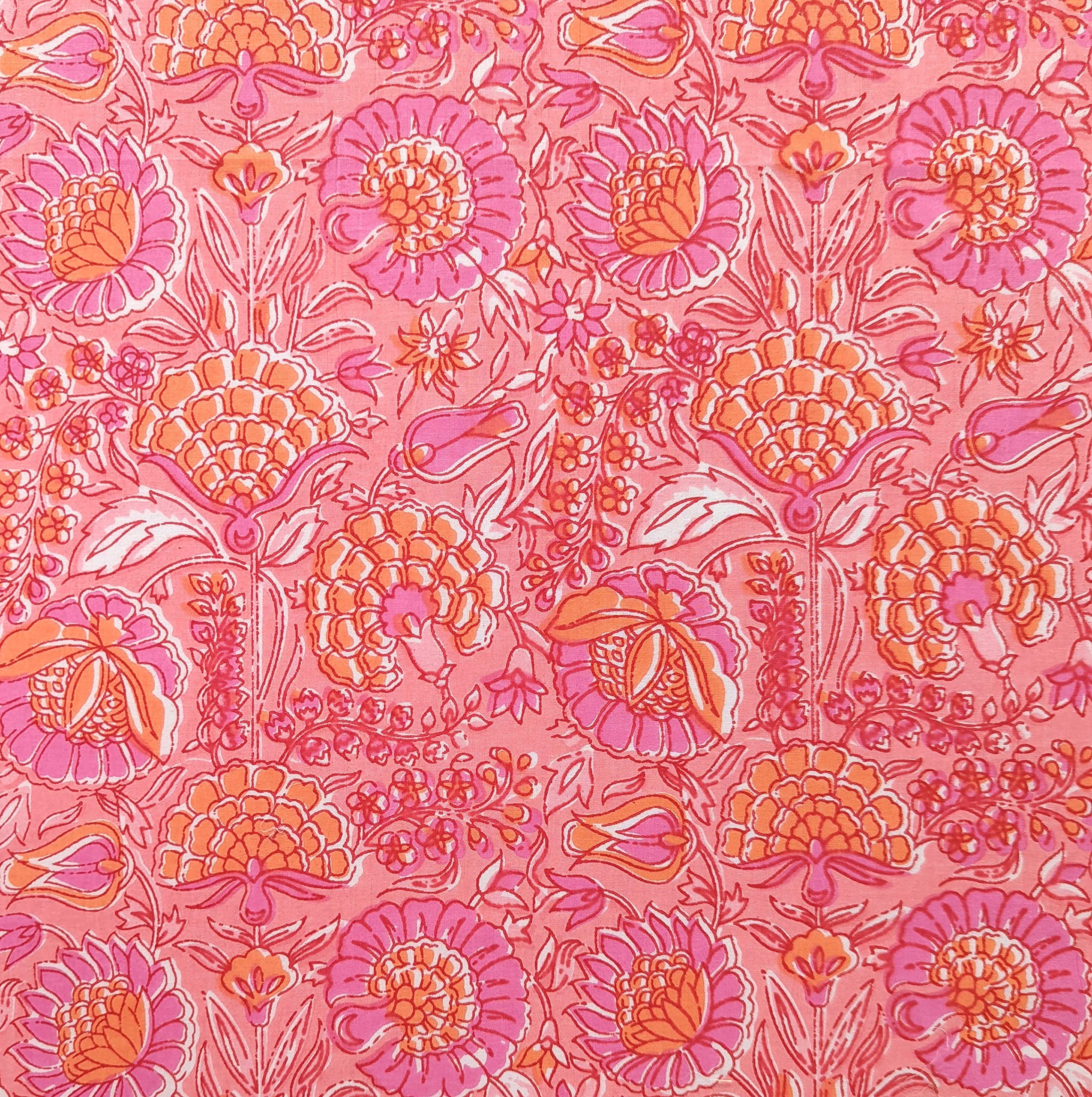 AVKA Studio Hand Block Print Fabric by The Yard - PRECUT 1 Yard 42 Inch Width - 100% Cotton Material - Pink Floral Pattern - Light Weight Indian Cloth for Making Summer Dress Tops Indian Fabric etc