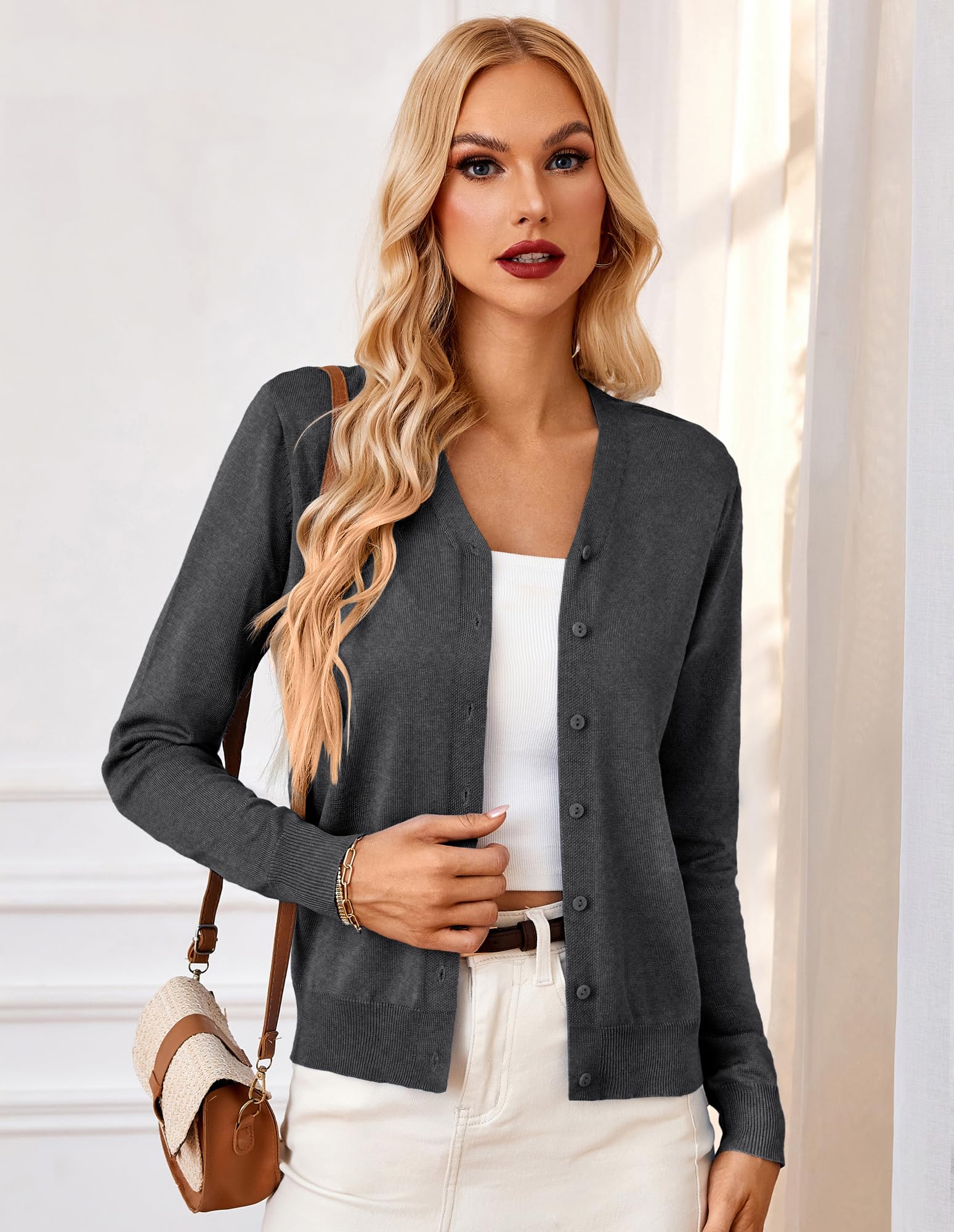 GRACE KARIN V Neck Knit Cardigan Sweaters for Women Plus Size Long Sleeve Tops Lightweight Casual Black Grey L