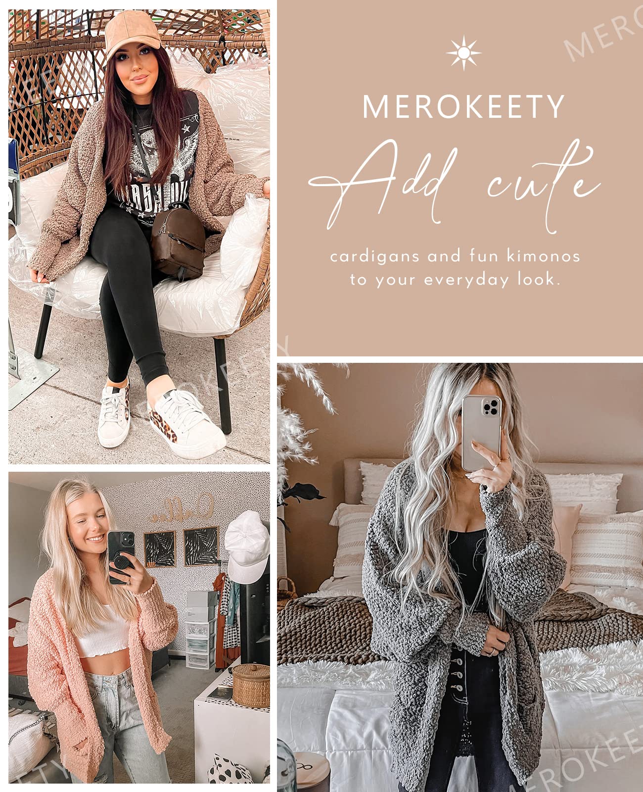 MEROKEETY Women's 2025 Winter Fuzzy Popcorn Batwing Sleeve Cardigan Knit Oversized Sherpa Sweater Coat, Mocha, Small