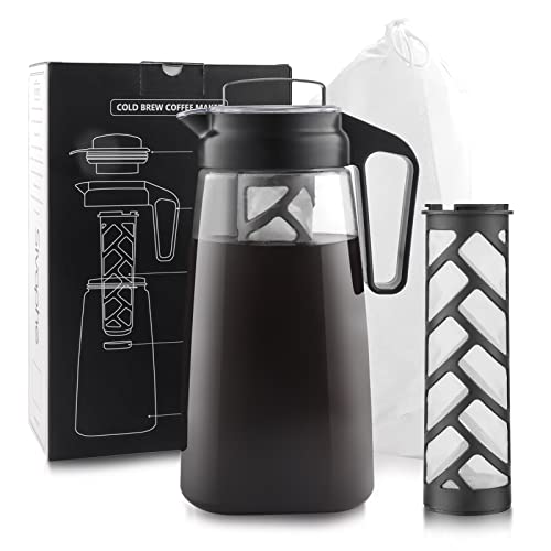 Sivaphe Large Cold Brewer Coffee Maker 2 Quart, Dishwasher Safty Manual Leak Proof Traitan Pitcher, 64 oz Iced Coffee Method Tea Brewer with Deluxe Reusable Mesh Filter