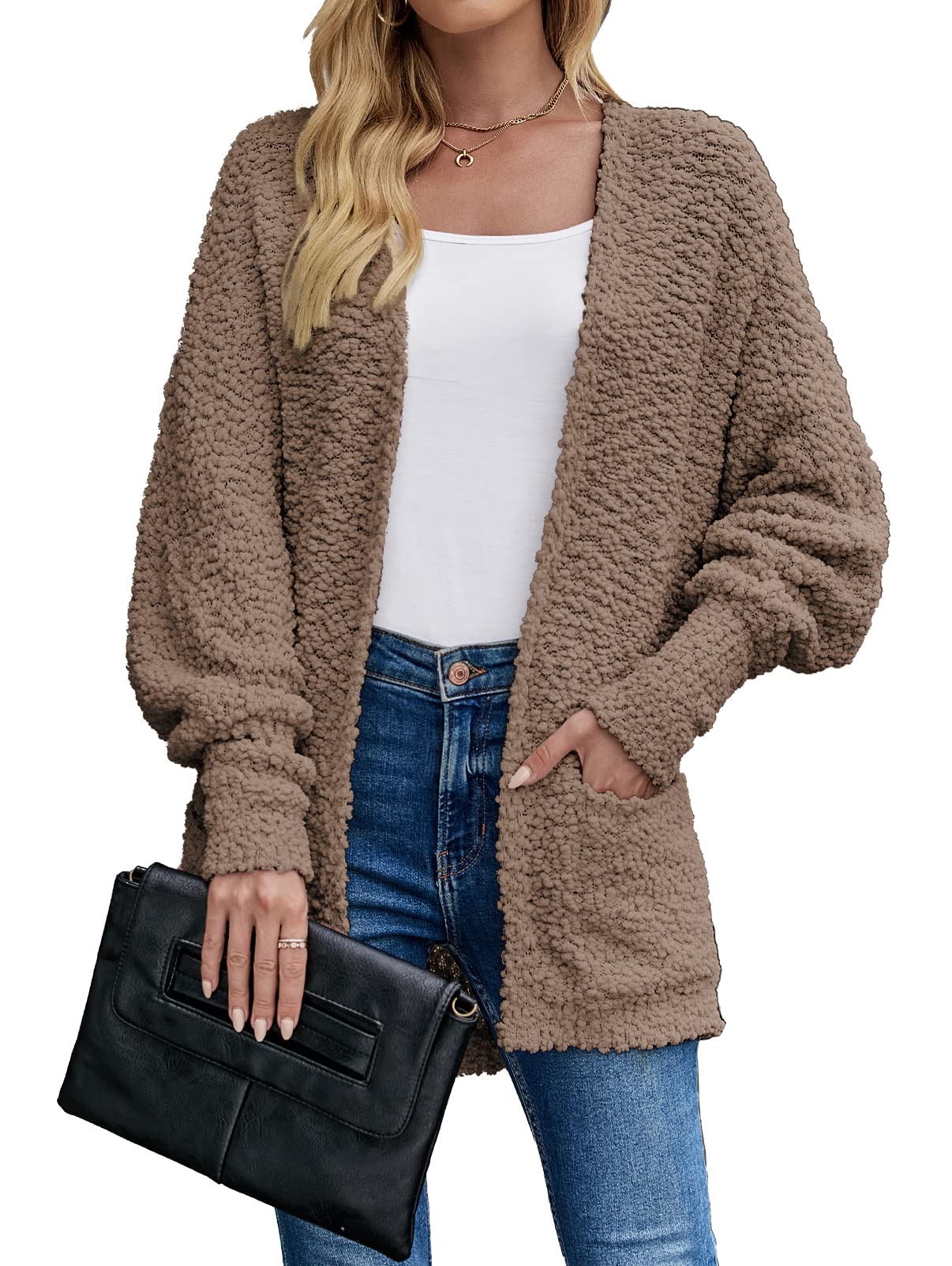 MEROKEETY Women's 2025 Winter Fuzzy Popcorn Batwing Sleeve Cardigan Knit Oversized Sherpa Sweater Coat, Mocha, Small