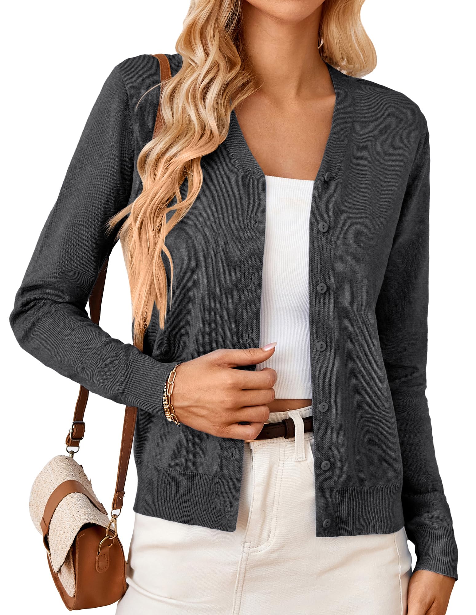 GRACE KARIN V Neck Knit Cardigan Sweaters for Women Plus Size Long Sleeve Tops Lightweight Casual Black Grey L