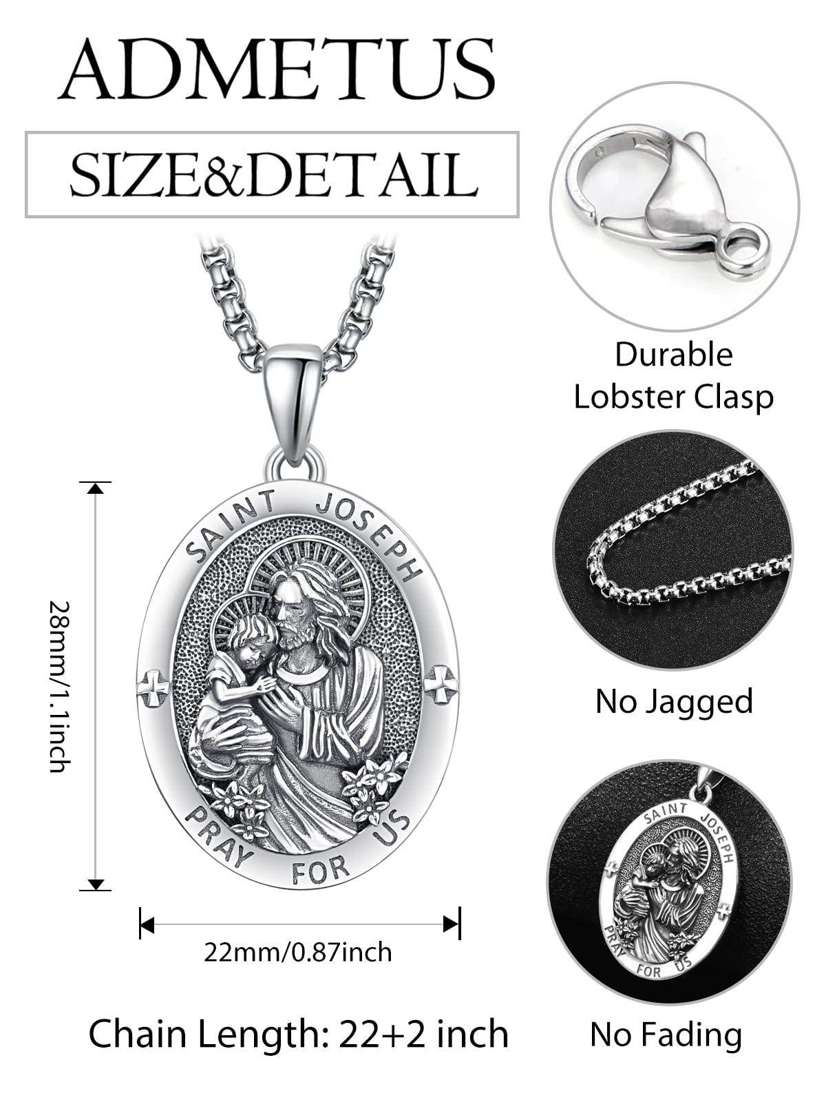 ADMETUS St Joseph Medal for Men 925 Sterling Silver Oval Saint Joseph Pendant Necklace Protection Jewelry Religious Gifts