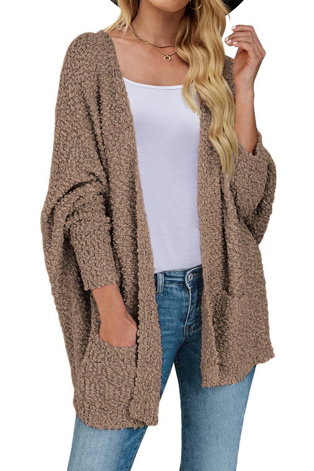 MEROKEETY Women's 2025 Winter Fuzzy Popcorn Batwing Sleeve Cardigan Knit Oversized Sherpa Sweater Coat, Mocha, Small