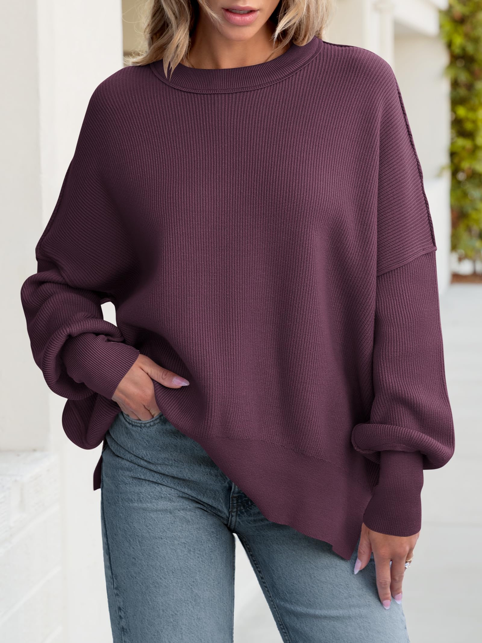 ANRABESS Women Crewneck Batwing Long Sleeve 2024 Fall Oversized Side Slit Ribbed Knit Pullover Sweaters Top Cozy Outfits Fuchsia Medium