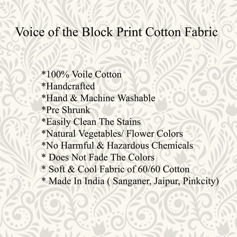 E-Tailor® Indian Ethnic 100% Cotton Voile Running Hand Block Print Natural Fabric for Dressmaking, Sewing, Crafting, Upholestry Fabric by The Yard-1 Yard-Floral-Grey (Pattern-5, 1 Yards)