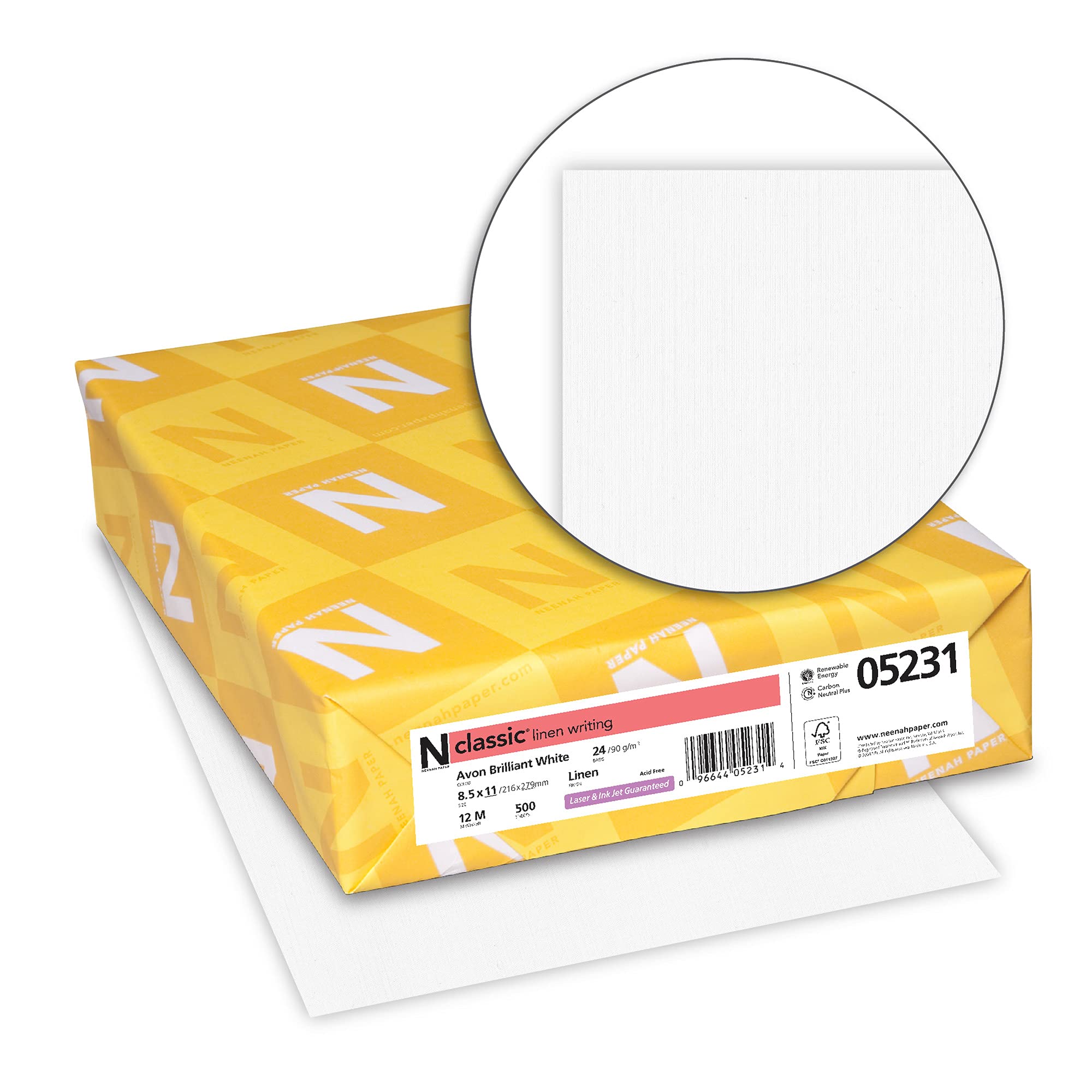 Neenah Classic Crest Paper, 8.5" x 11", 24 lb, Linen Finish, Avon Brilliant White, 500 Sheets (05231)