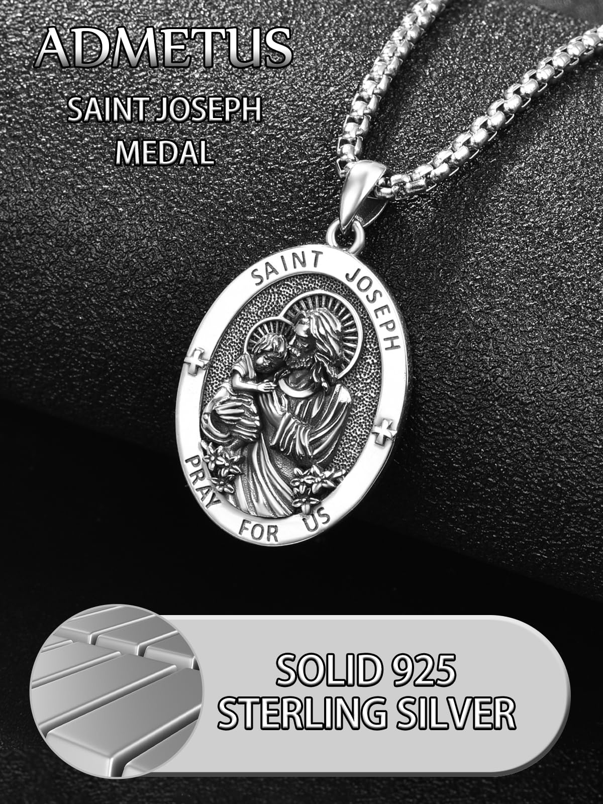 ADMETUS St Joseph Medal for Men 925 Sterling Silver Oval Saint Joseph Pendant Necklace Protection Jewelry Religious Gifts