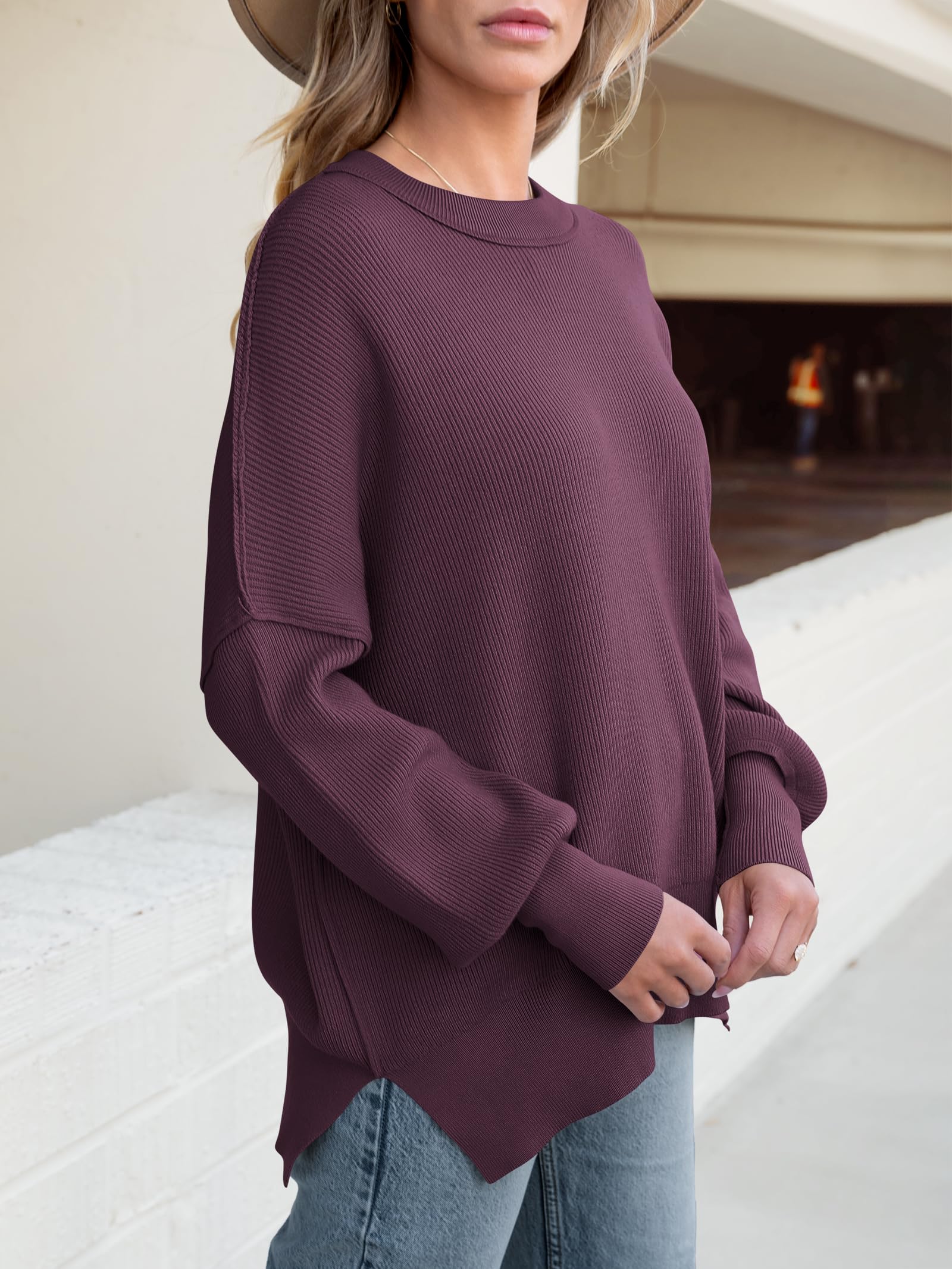 ANRABESS Women Crewneck Batwing Long Sleeve 2024 Fall Oversized Side Slit Ribbed Knit Pullover Sweaters Top Cozy Outfits Fuchsia Medium