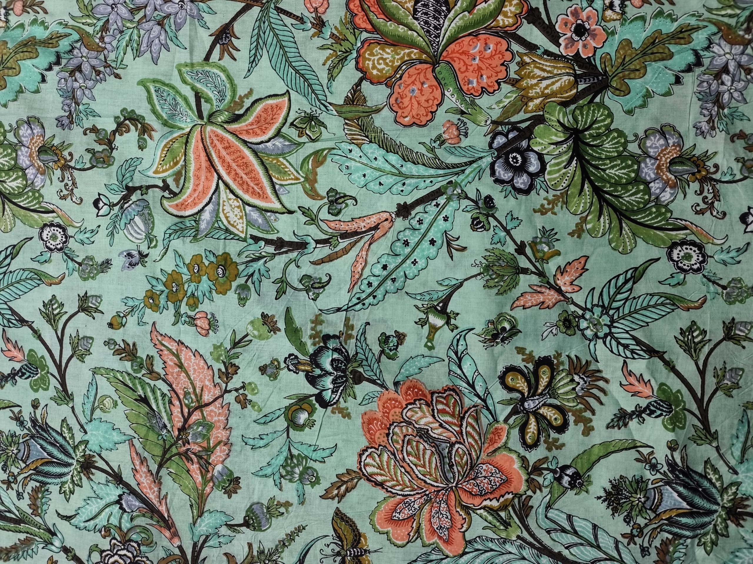 Indian Hand-Block Printed Jaipuri Flower Print Floral Ethnic Sanganer Kurti Print Cotton Fabric (Mint Mugal Flower, 3 Yards)