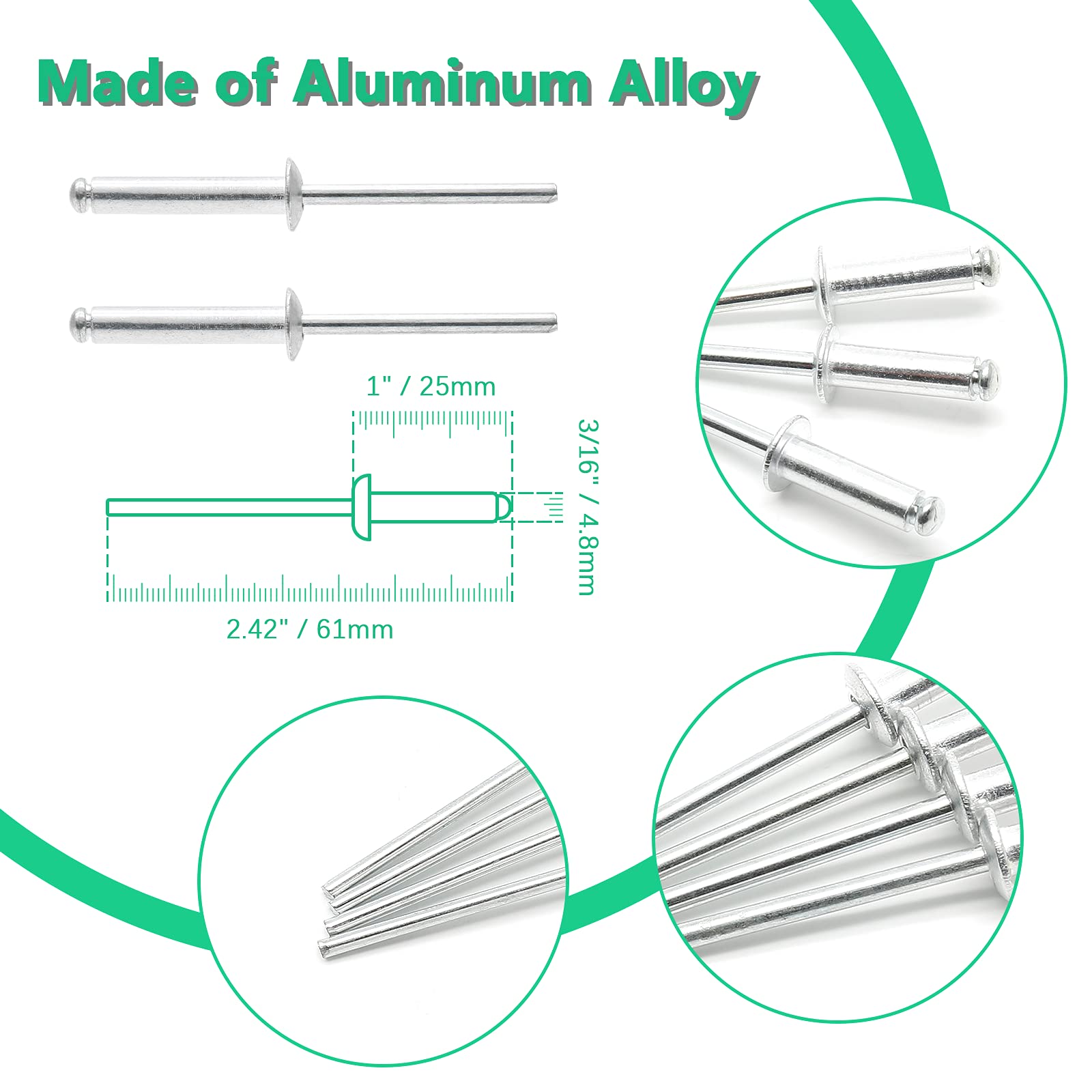 Qjaiune 100Pcs Aluminum Pop Rivets 3/16" x 1" (Diameter x Grip Length), Dome Head Blind Rivets for Sheet Metal Automotive Railway