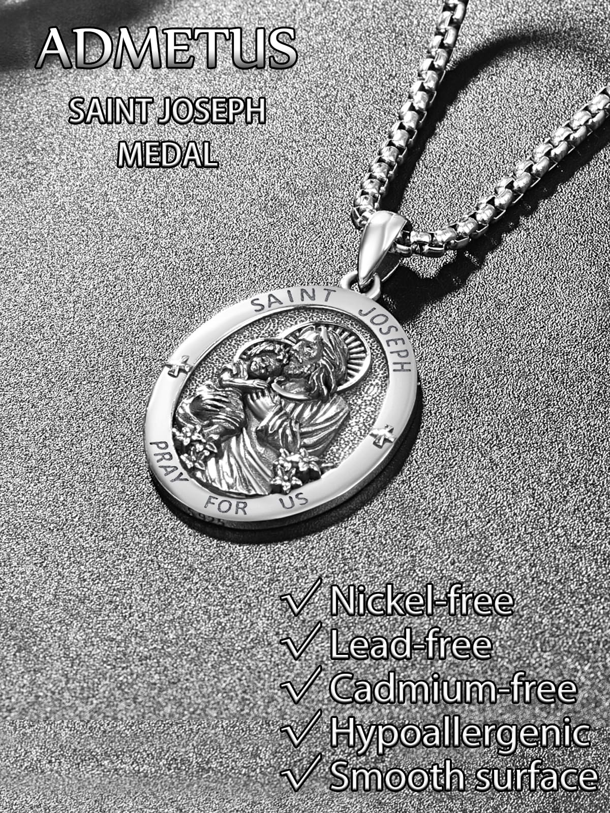 ADMETUS St Joseph Medal for Men 925 Sterling Silver Oval Saint Joseph Pendant Necklace Protection Jewelry Religious Gifts