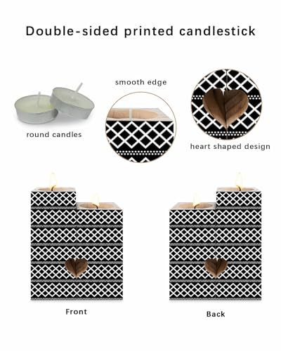 Black Stripe Candle Holder with Tea Light,Vintage Wood Tealight Candle Stick Holder Pillar Centerpiece,Heart-Shaped Tall Wooden Tea Light Candle Holders Set Geometry Abstract Contemporary Boho Dot