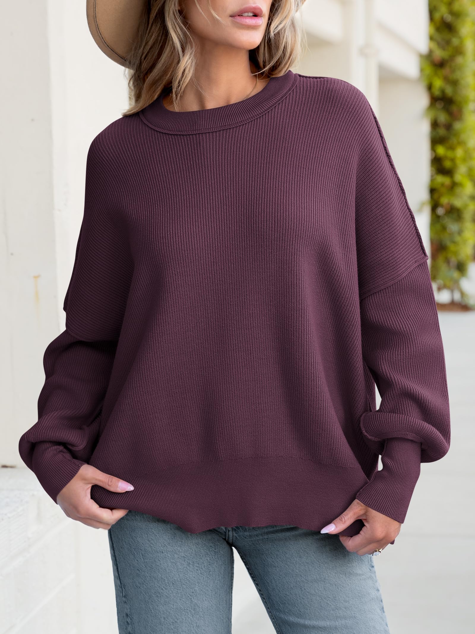 ANRABESS Women Crewneck Batwing Long Sleeve 2024 Fall Oversized Side Slit Ribbed Knit Pullover Sweaters Top Cozy Outfits Fuchsia Medium