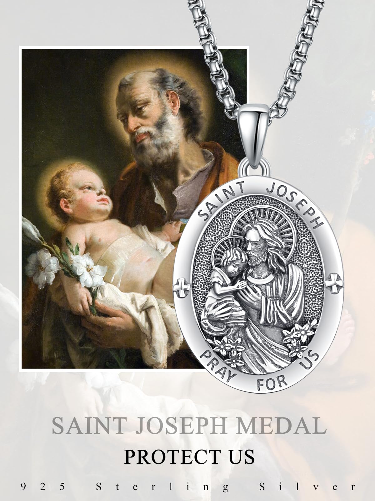 ADMETUS St Joseph Medal for Men 925 Sterling Silver Oval Saint Joseph Pendant Necklace Protection Jewelry Religious Gifts