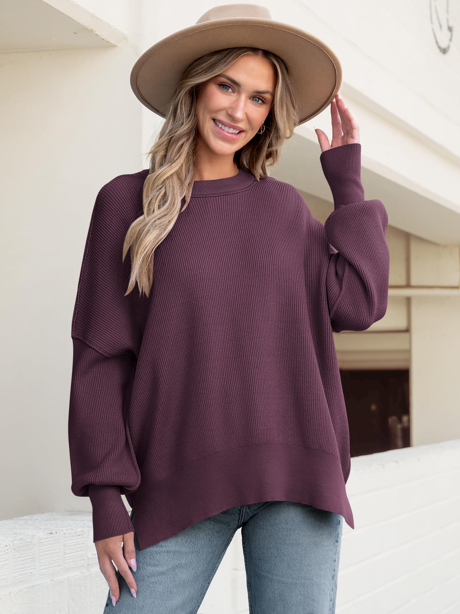 ANRABESS Women Crewneck Batwing Long Sleeve 2024 Fall Oversized Side Slit Ribbed Knit Pullover Sweaters Top Cozy Outfits Fuchsia Medium