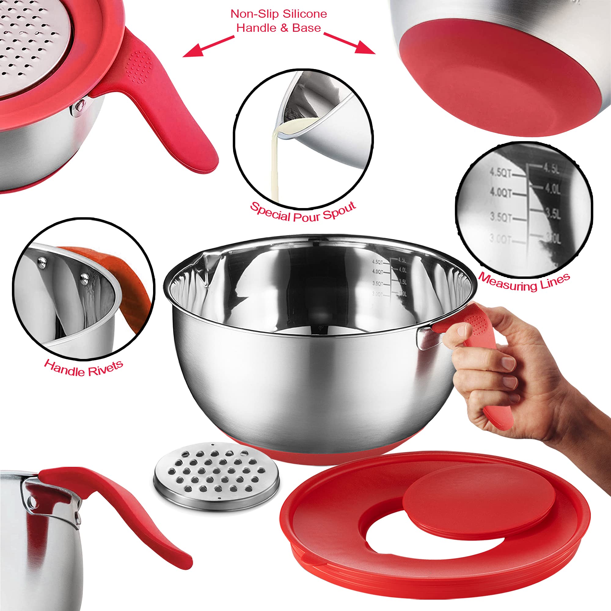 Stainless Steel Mixing Bowls with Lids (Set of 3) - Features Long Handles, Pour Spout, Non Slip Colorful Silicone Bottom, 3 Graters, & Measurement Marks. Ideal for Baking, Serving, Food & Salad Prep.